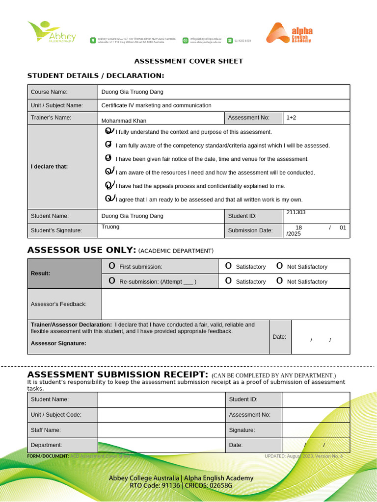 ACD Assessment Cover Sheet V6.0 | PDF