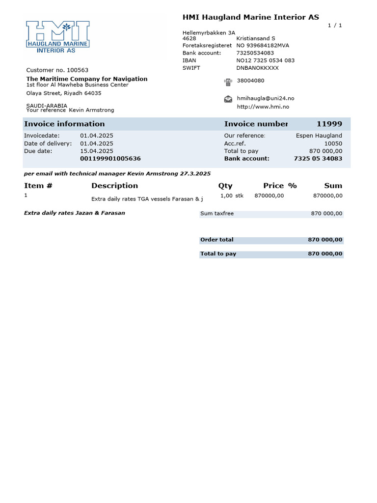Invoice 11999 (Extra Daily Rates TGA Vessels) | PDF
