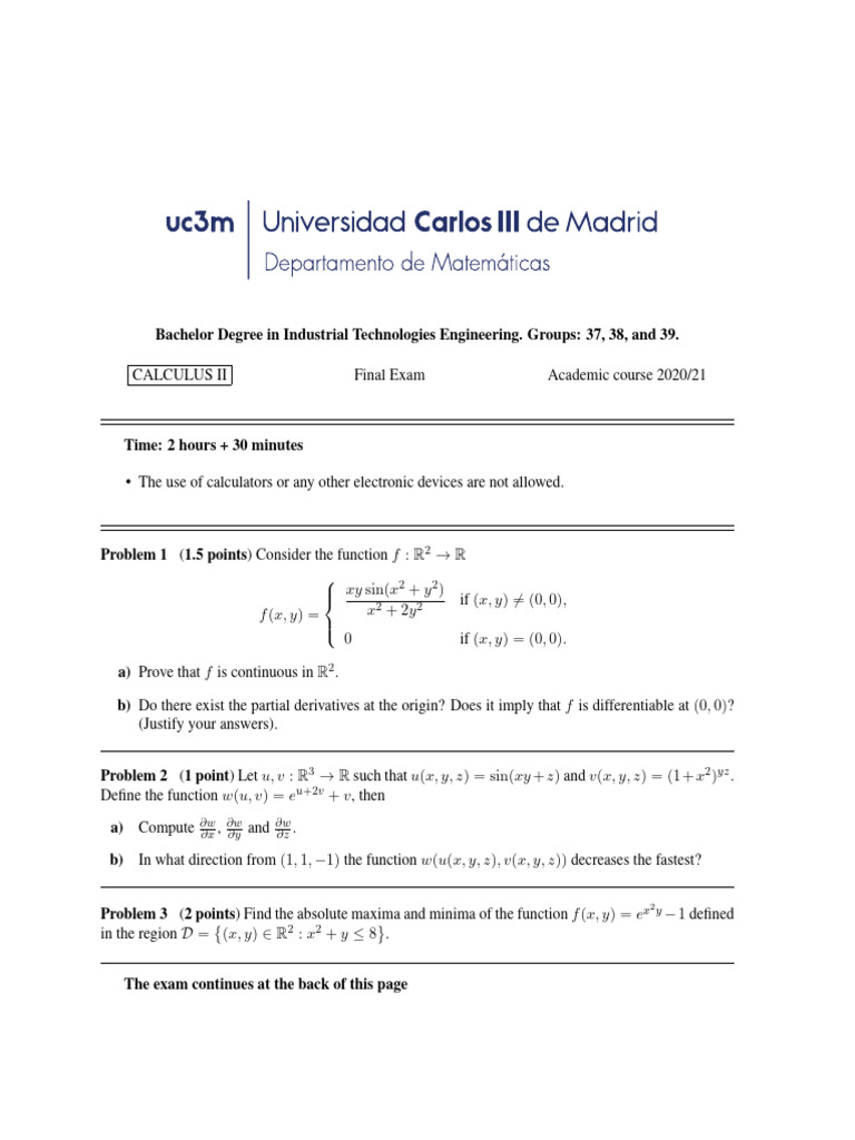 2020-21 Final Exam Calculus II Ordinary G37 | PDF