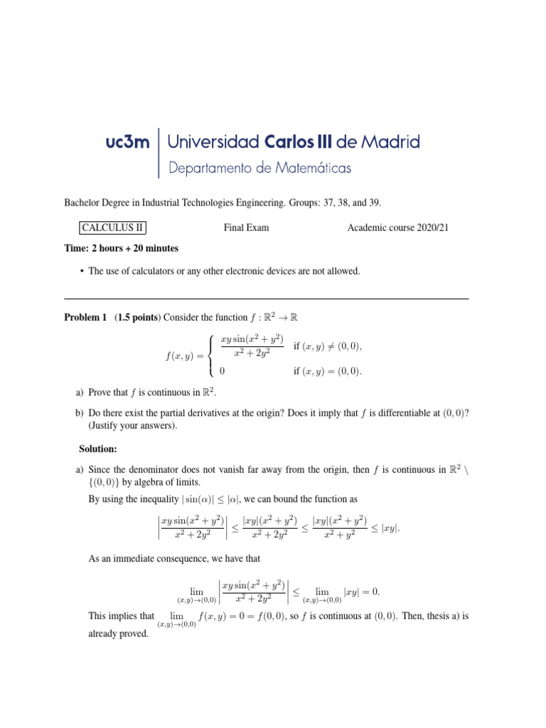 2020-21 Solution Final Exam Calculus II Ordinary G37 | PDF | Sphere ...