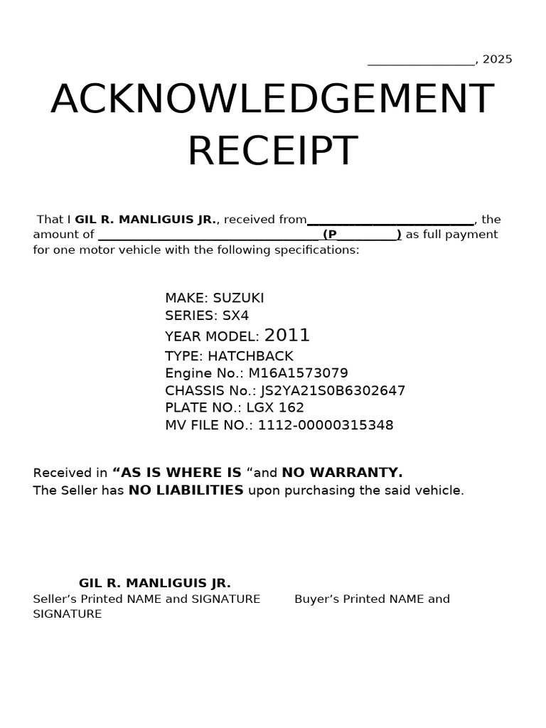 Motor Vehicle Acknowledgement Receipt | PDF