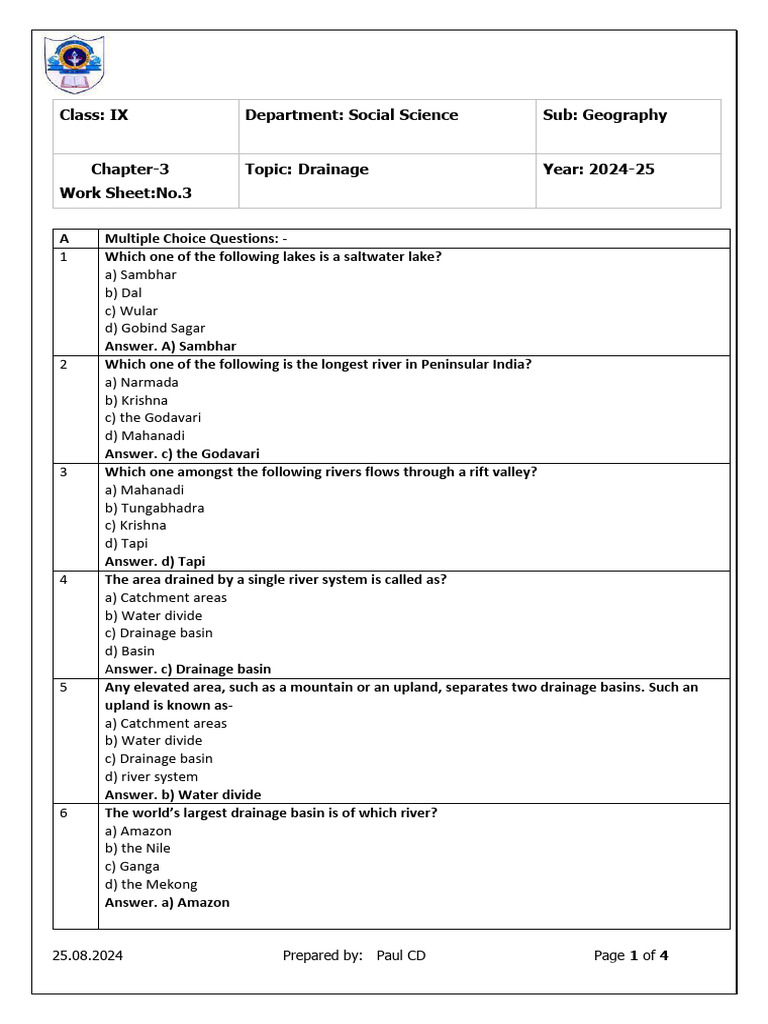 Class IX Geography: Drainage Worksheet | PDF | River | Drainage Basin