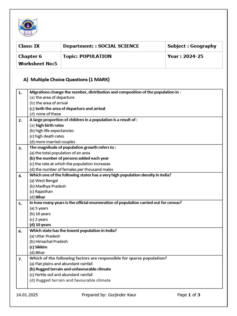 Class IX Geography: Population Worksheet | PDF | Human Migration ...