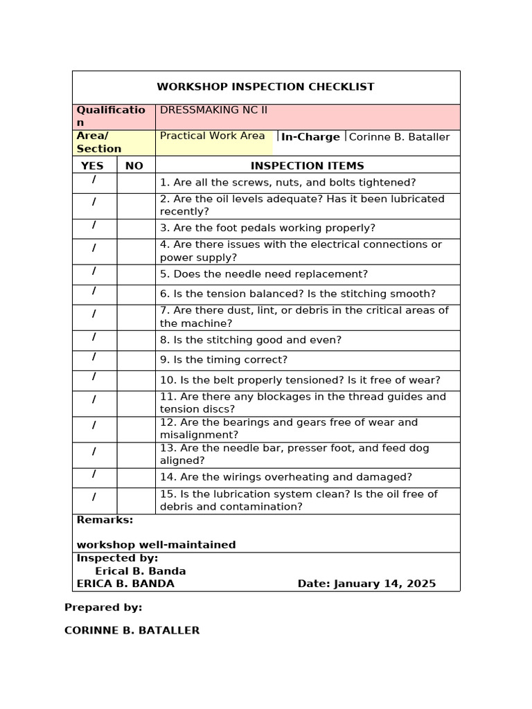 Bataller Workshop Inspection Checklist | PDF