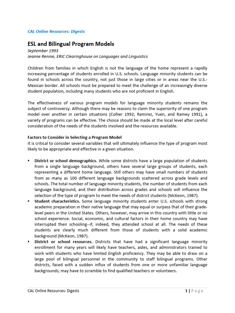 ESL and Bilingual Program Models Overview | PDF | English As A Second ...