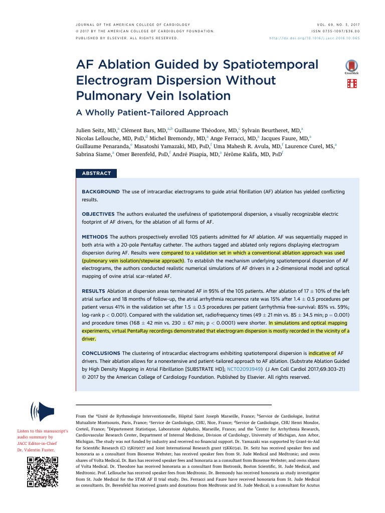 2017 JACC Seitz AF Ablation Guided by Spatiotemporal Electrogram Dispersion Without | PDF ...