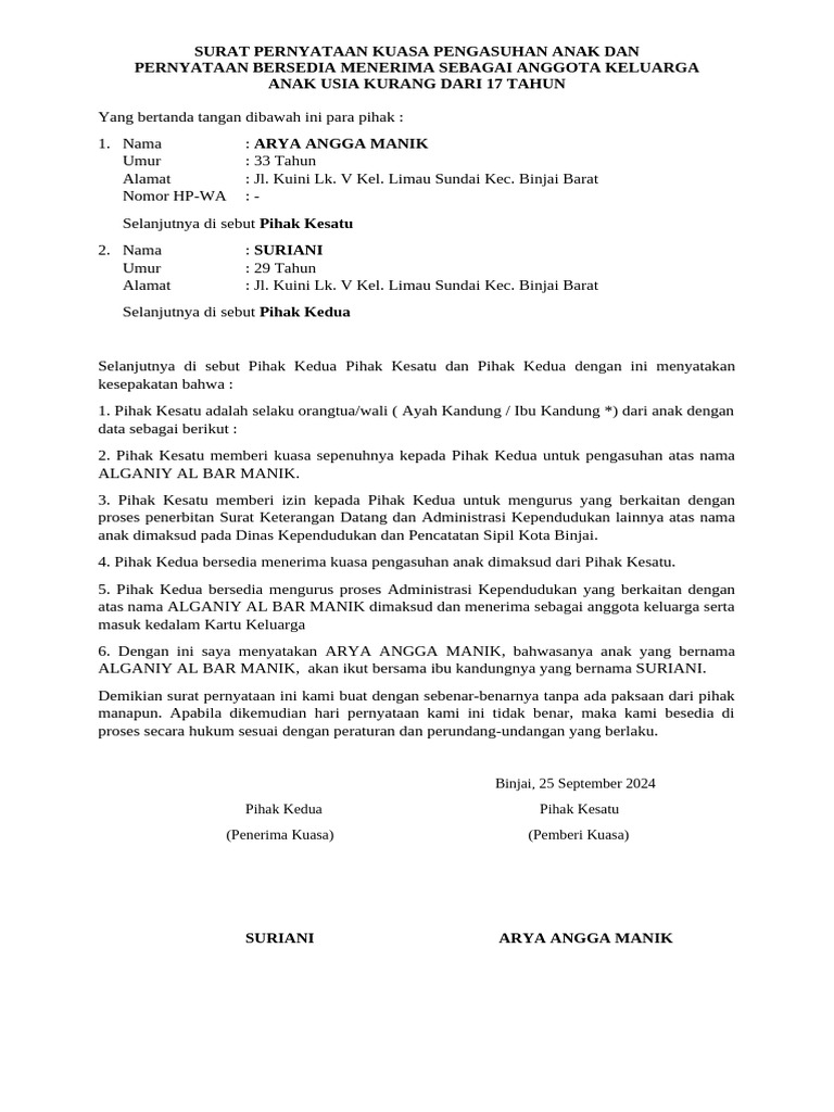 Surat Kuasa Pengasuhan Anak Binjai | PDF