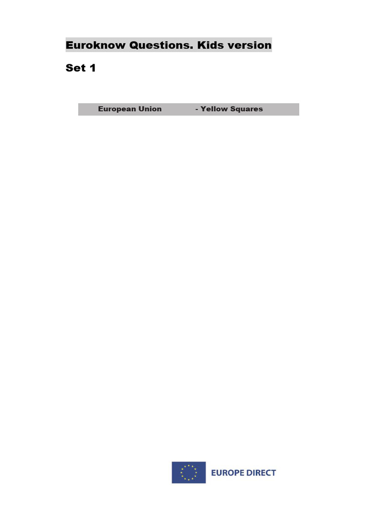 Euroknow Questions Kids Version European Union Set 1 en 1 | PDF ...