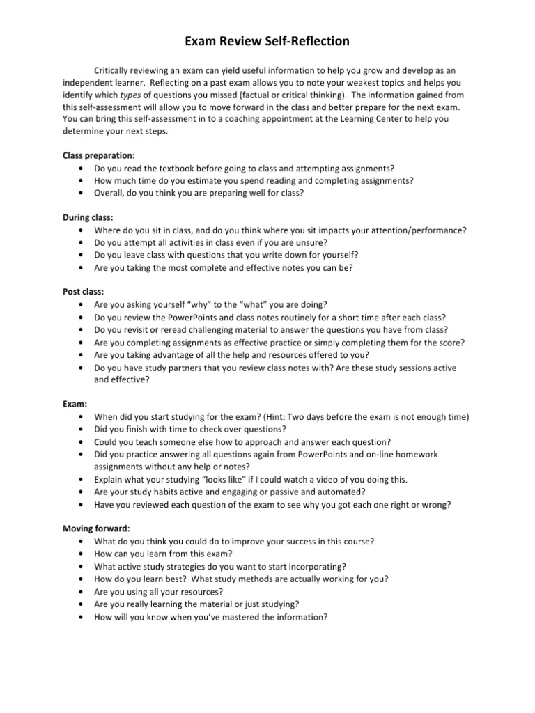 Exam Reflection Self Assessment | PDF | Question | Human Communication