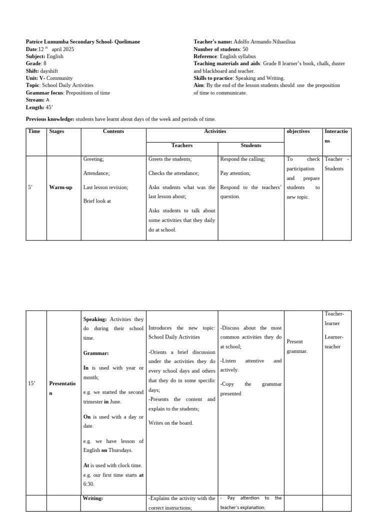 Grade 8 English Lesson Plan: Prepositions | PDF | Teachers | Learning