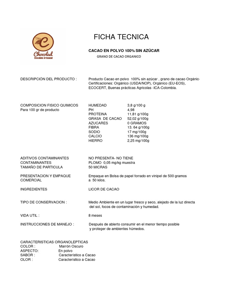 Ficha Tecnica Cacao en Polvo 100 Sin Azucar | PDF