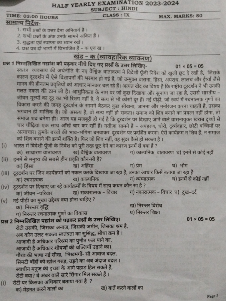 Hindi Sample Paper | PDF