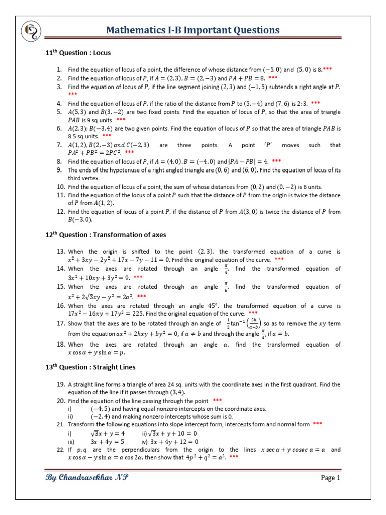 Mathematics IB (4 & 7 Marks) Important Questions | PDF | Line (Geometry ...