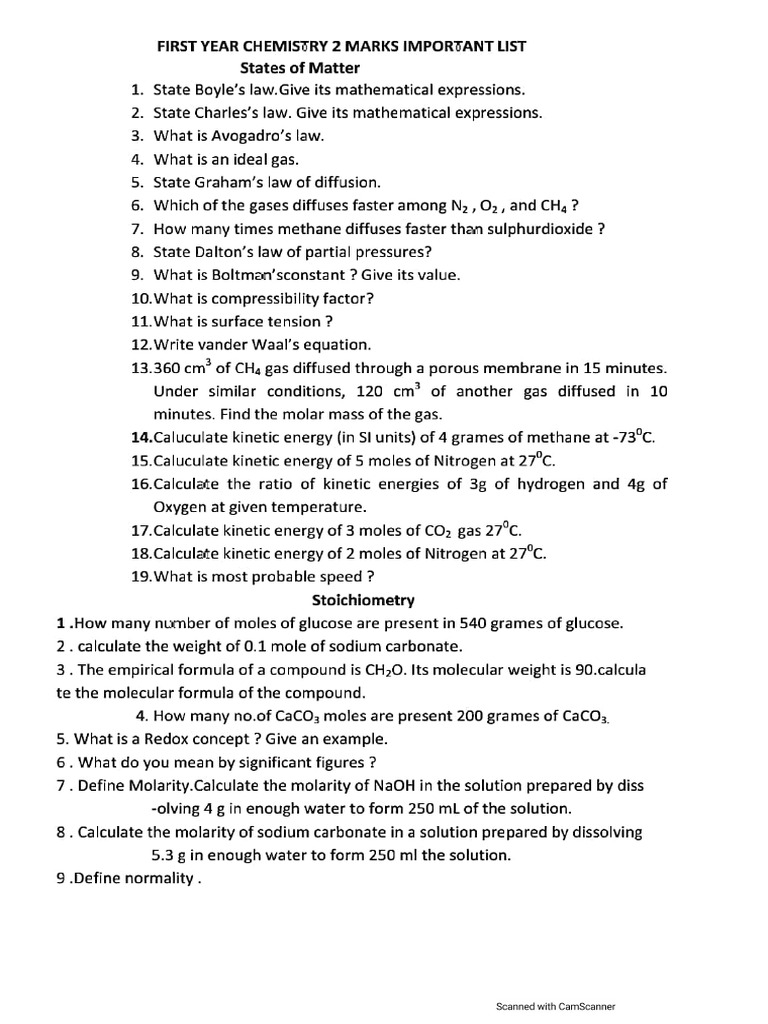 First Year Chemistry 2 Marks Important List | PDF
