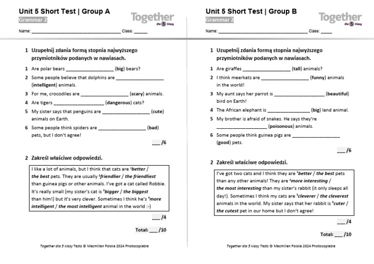 Together kl5 Short Test U5 Grammar 2 AB | PDF | Animals And Humans ...