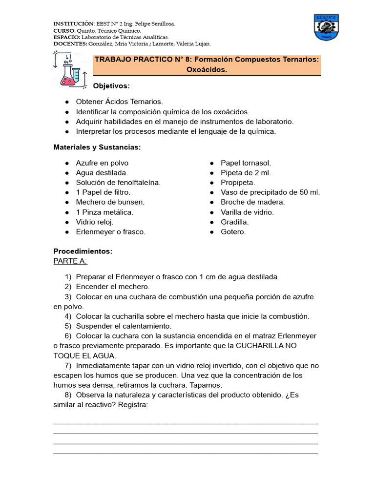 TRABAJO PRACTICO N 8 Formaci-N de Oxo-Cidos | PDF | Agua | Laboratorios