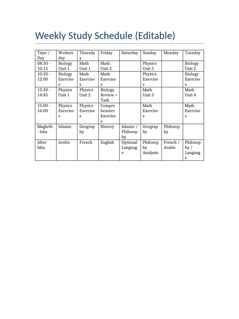 Editable Weekly Study Schedule | PDF