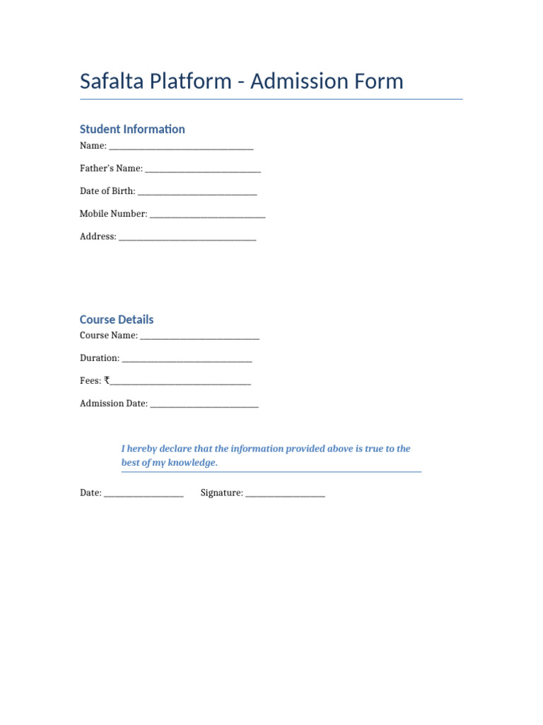 Safalta Platform Admission Form | PDF