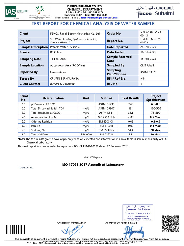 DM-CHEM-O-25-00143 Water Report - FEMCO | PDF | Materials | Physical ...