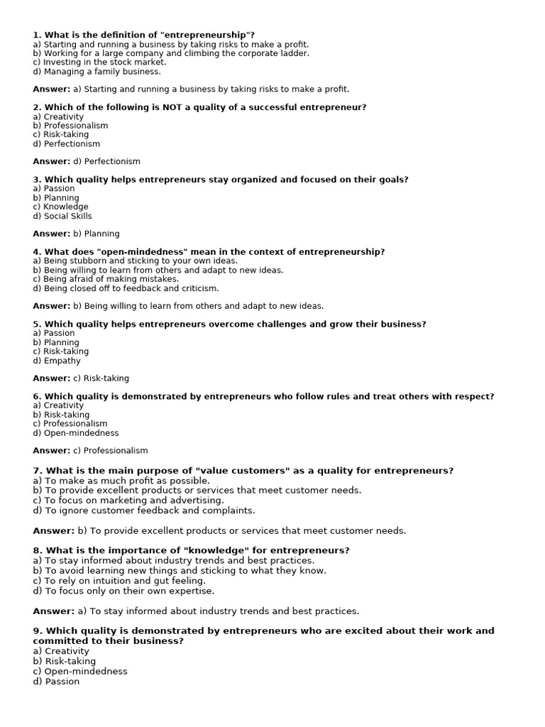 Quiz On Qualities of Suucessful Enterpreneur | PDF | Entrepreneurship ...