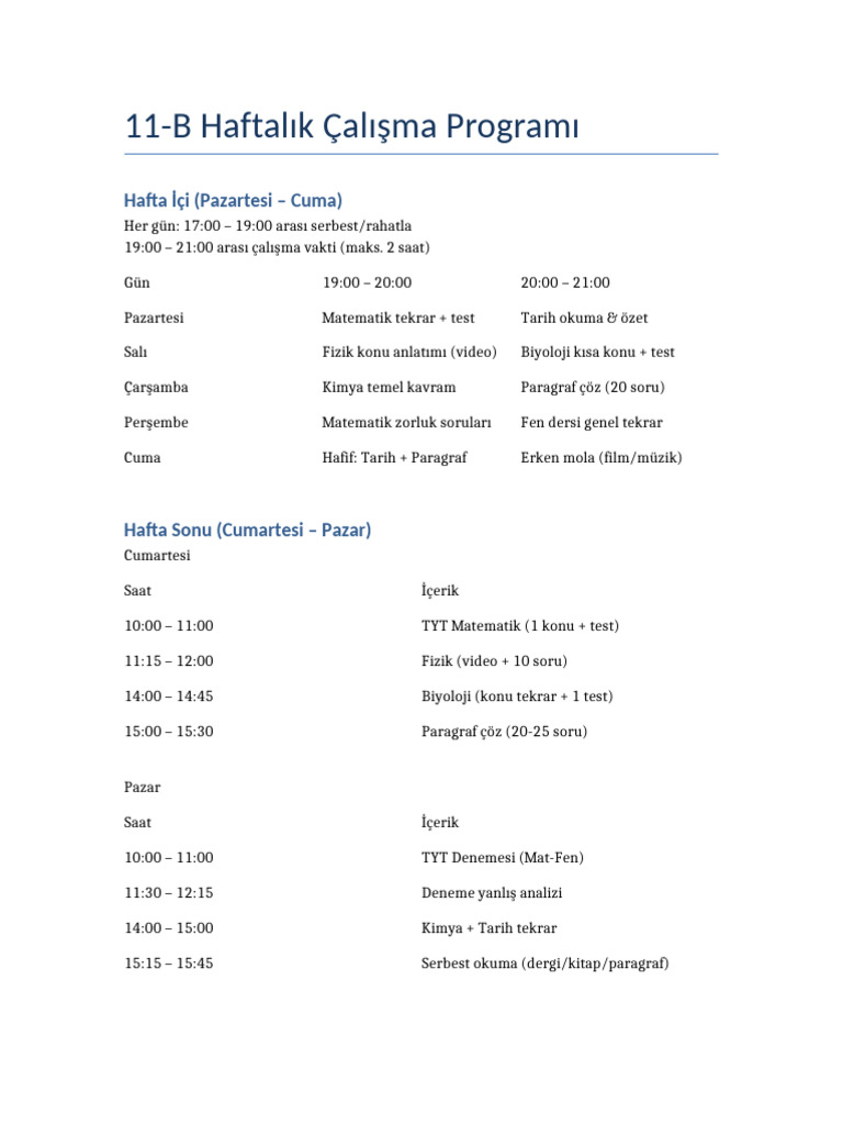 11B Haftalik Calisma Programi | PDF