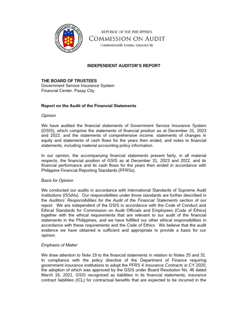 GSIS 2023 Audited Financial Statements Report | PDF | Going Concern | Audit