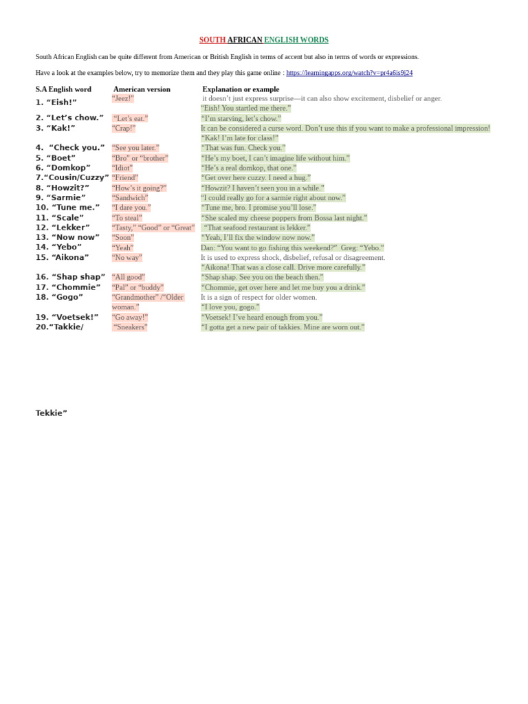 South African English Vocabulary Guide | PDF