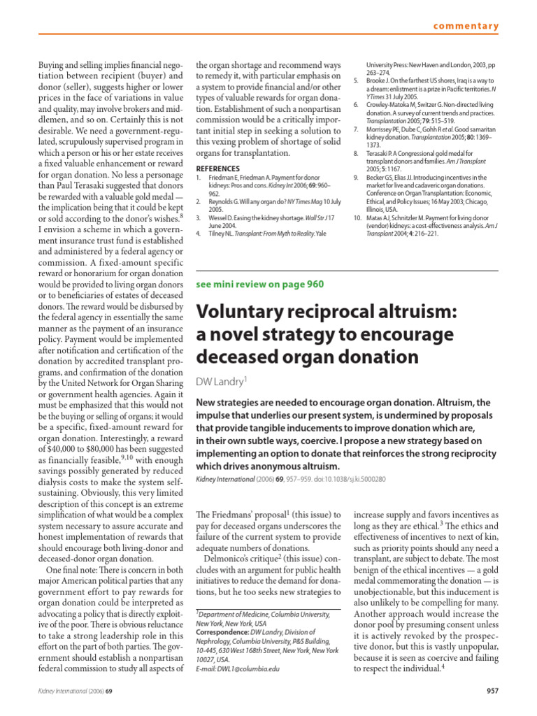 Voluntary reciprocal altruism A novel strategy to encourage deceased ...