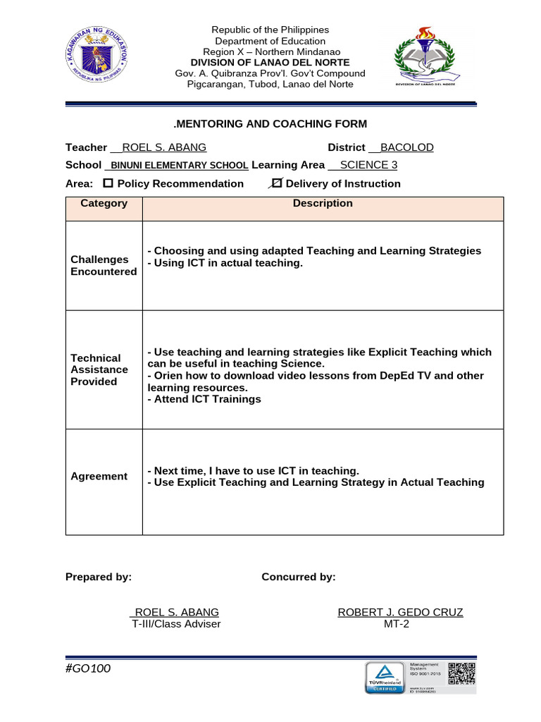 Mentoring and Coaching Form Final | PDF