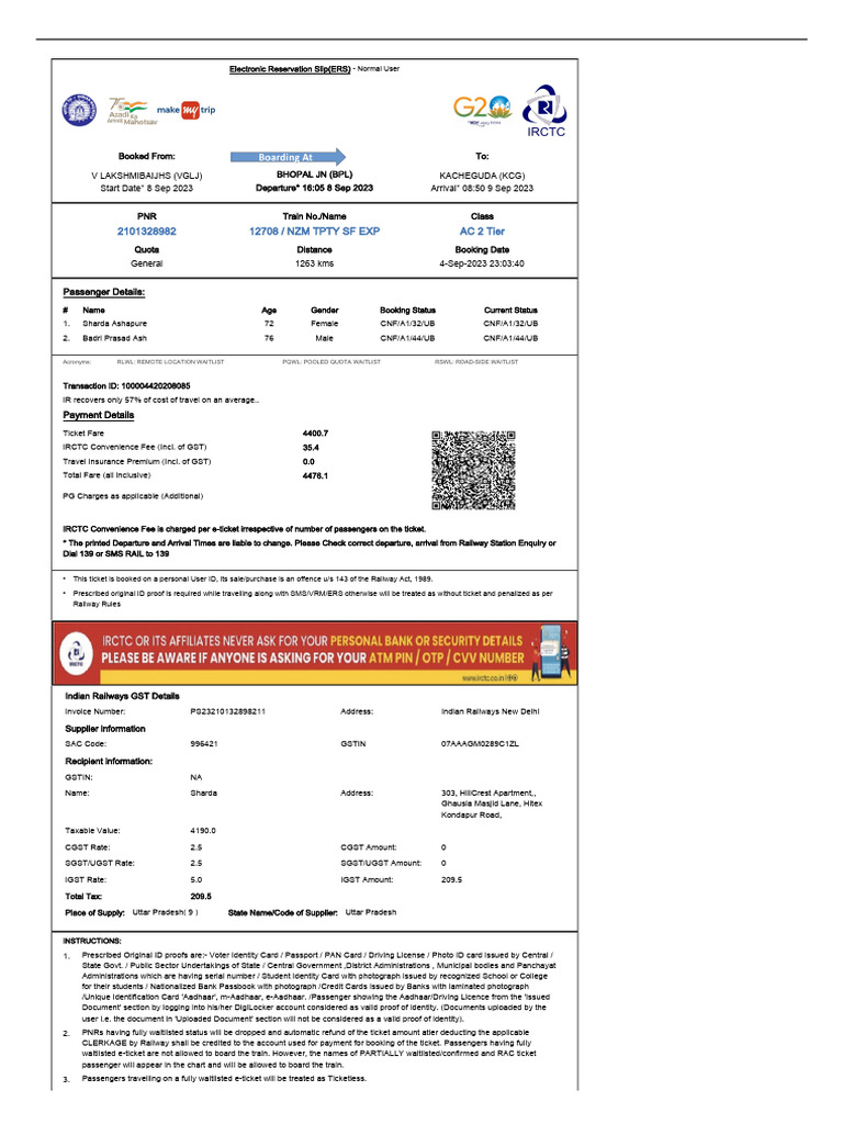 Electronic Reservation Slip for Train Travel | PDF | Identity Document ...