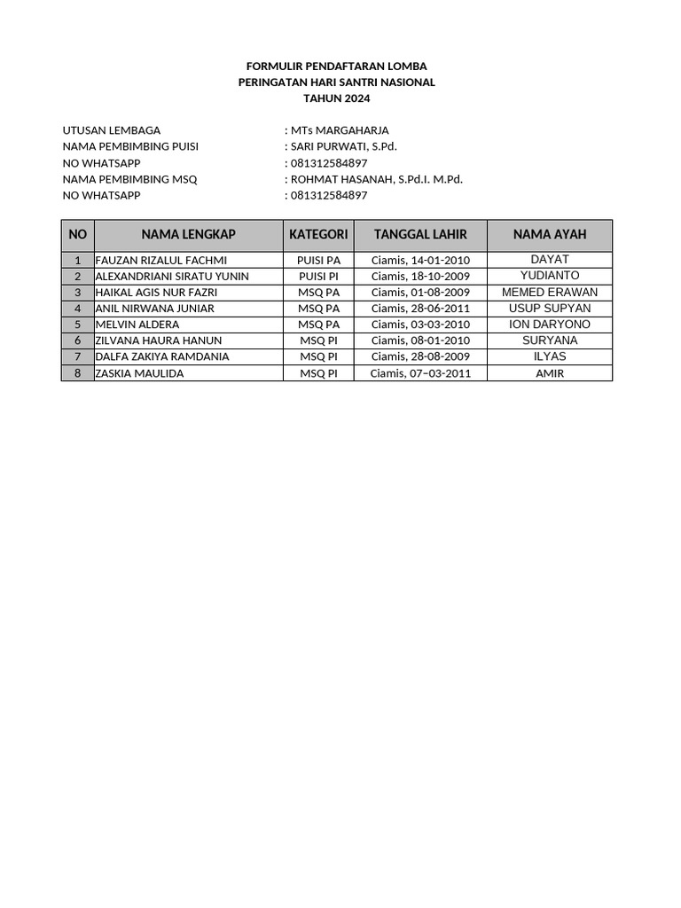 FORM PENDAFTARAN LOMBA HSN 2024 | PDF