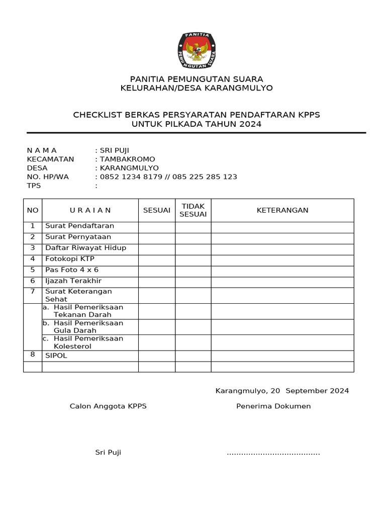Tanda Terima Berkas Pendaftaran Kpps Pilkada Serentak Tahun 2024 | PDF