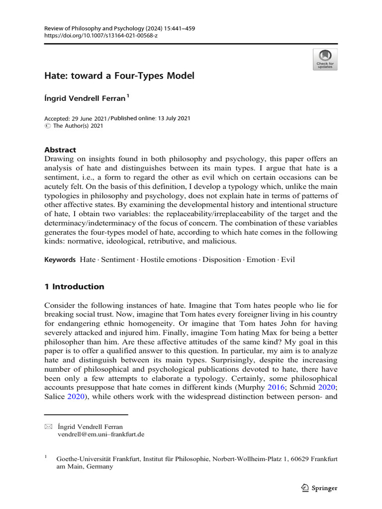 Vendrell Ferran. 2021. Hate. Toward A Four-Types Model | PDF | Emotions | Hatred