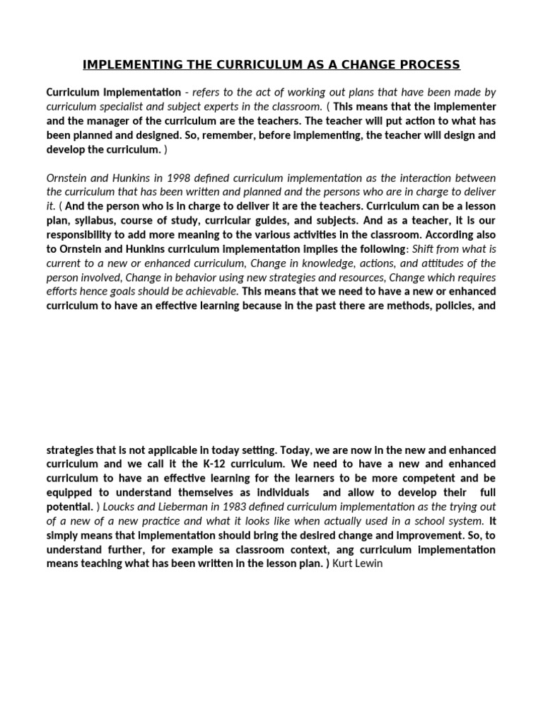 Implementing The Curriculum As A Change Process | PDF