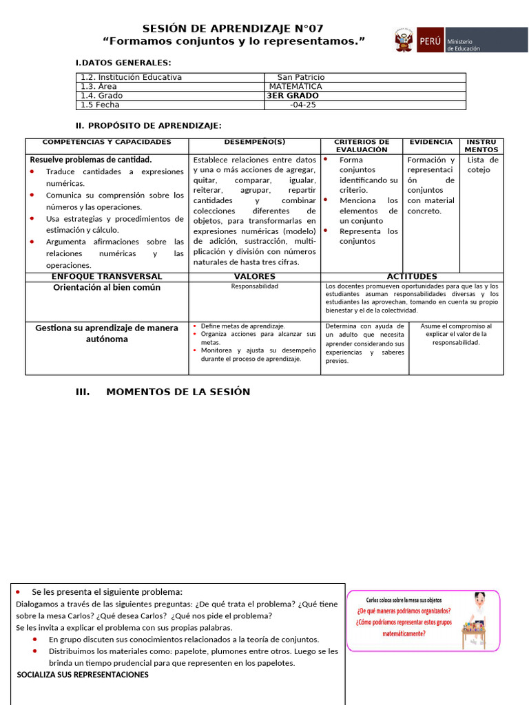 Sesión N°07 - Matemática - 3er Grado | PDF | Aprendizaje | Evaluación