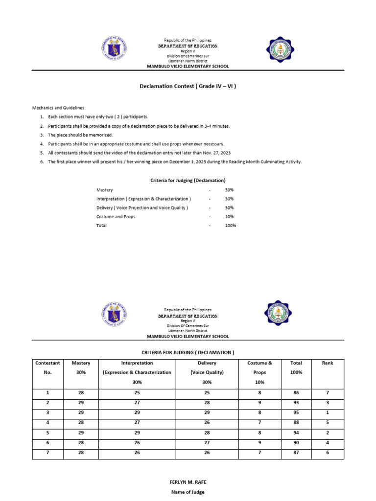Criteria For Judging Reading Month | PDF