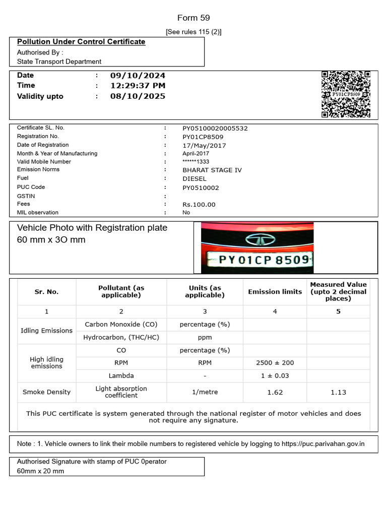 Pollution Under Control Certificate Form 59 | PDF | Exhaust Gas ...