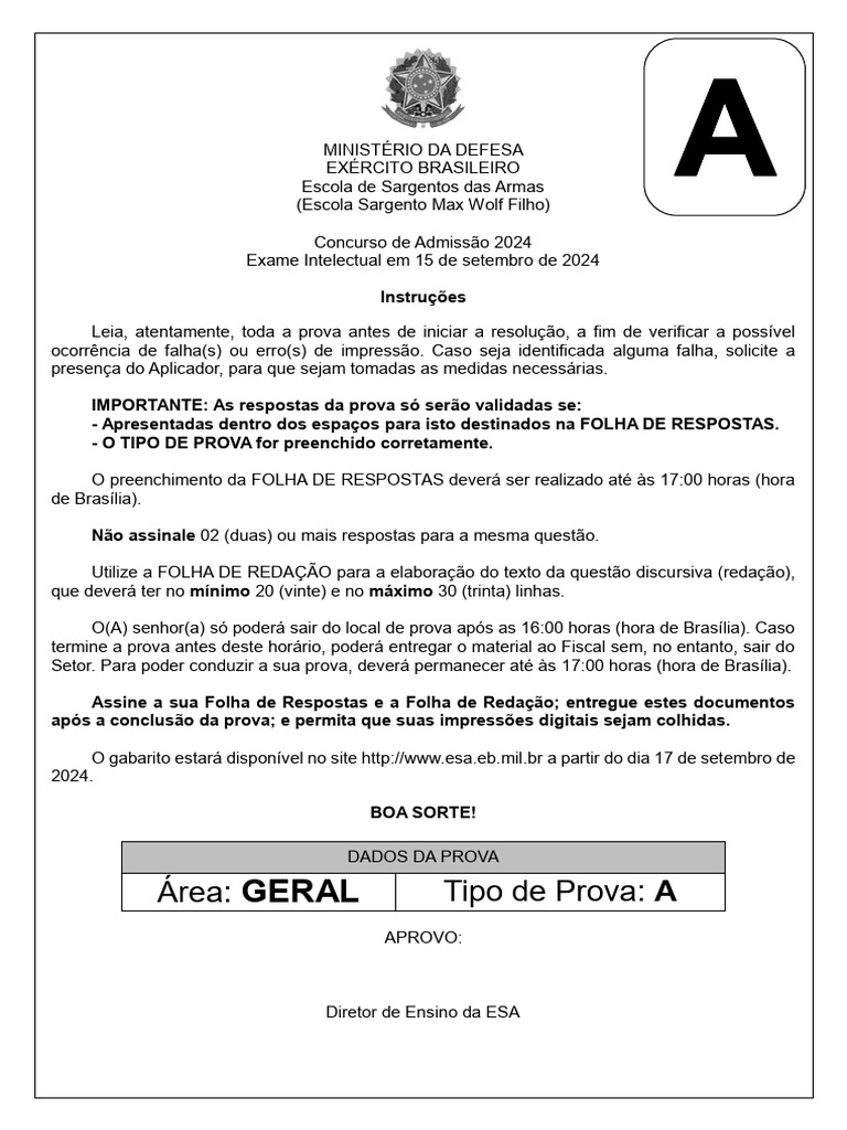 Prova ESA 2024: Instruções e Datas | PDF | Sonetos | Brasil