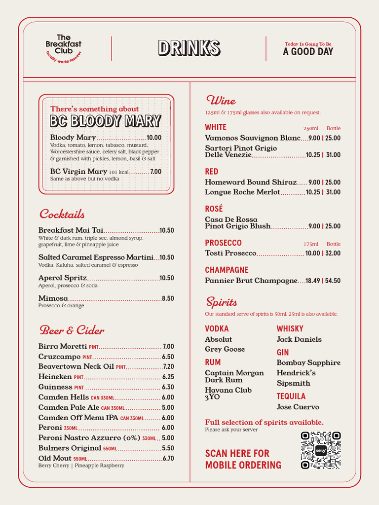 The Breakfast Club Drinks Menu | PDF | Coffee | Drink