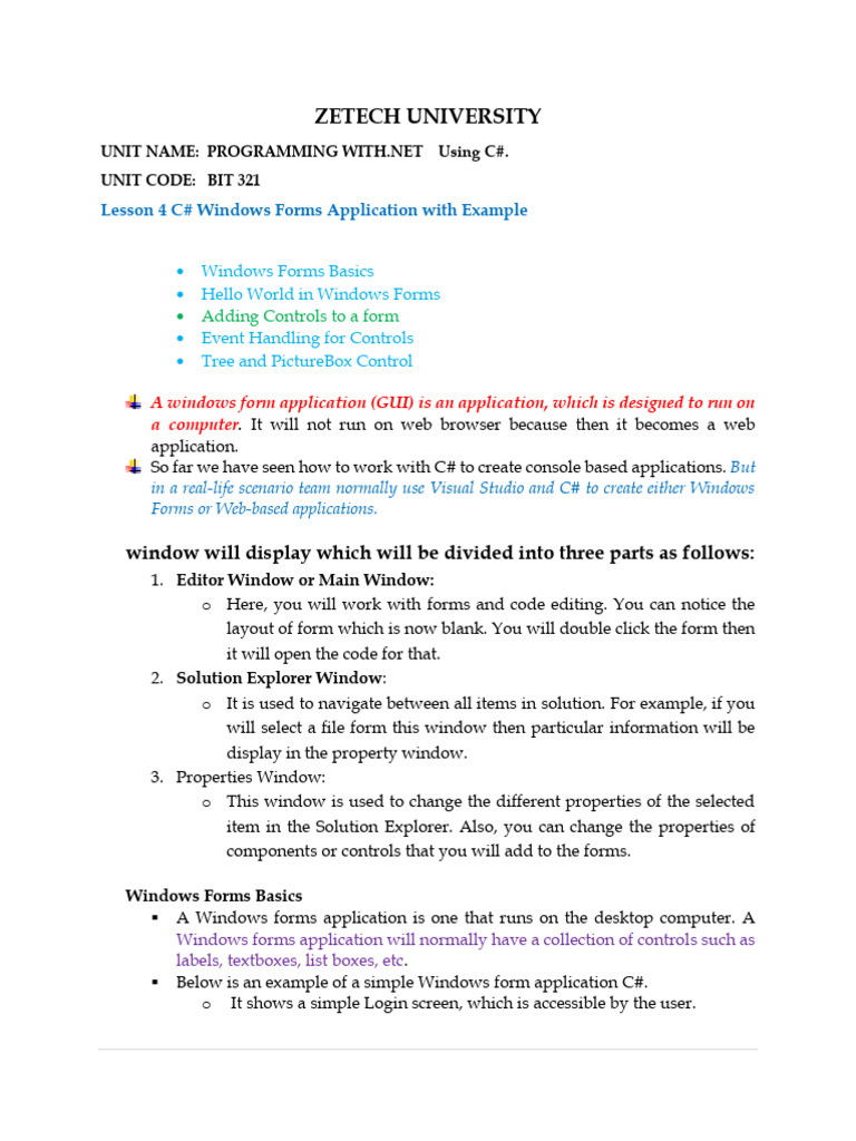 Lesson 4 C# Windows Forms Application With Example | PDF | C Sharp ...