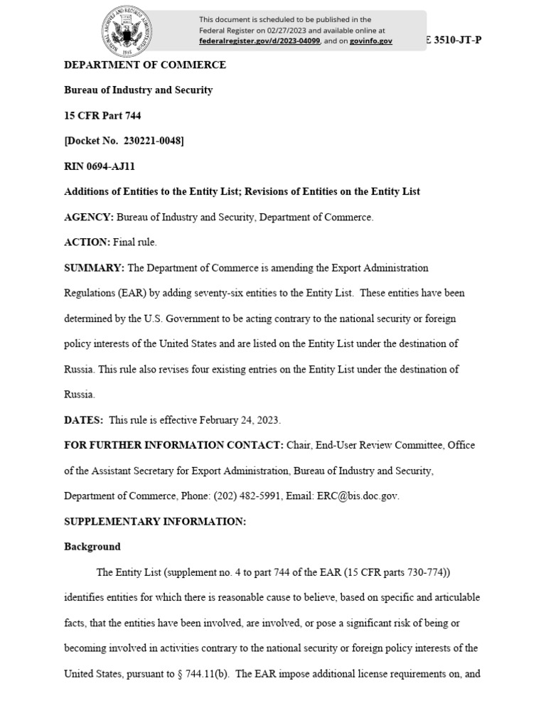 BIS Entity List Additions for Russia | PDF | Code Of Federal ...