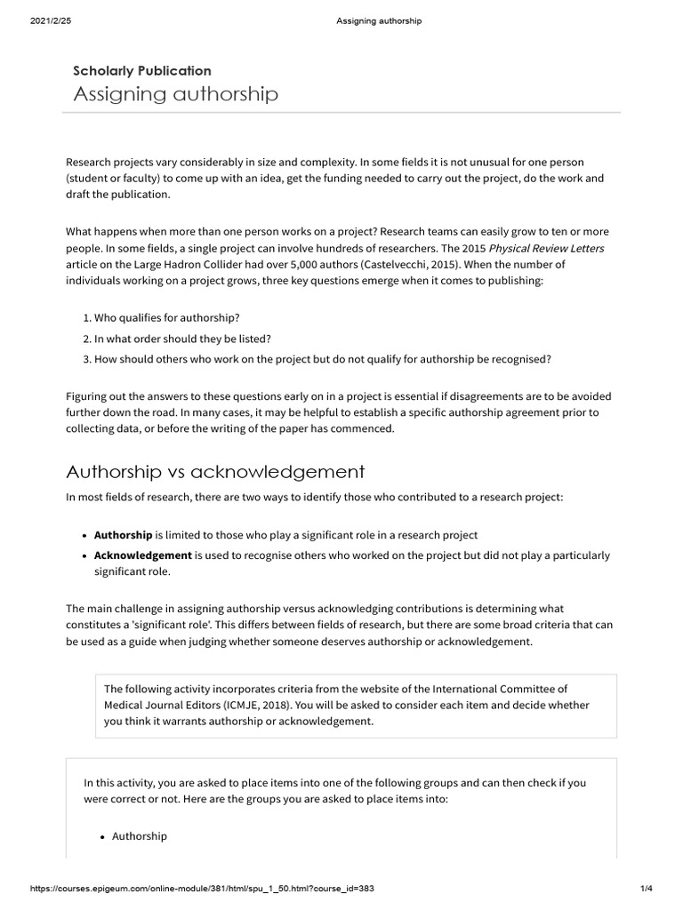 Scholarly publication - Assigning authorship · Epigeum Online Course System | PDF