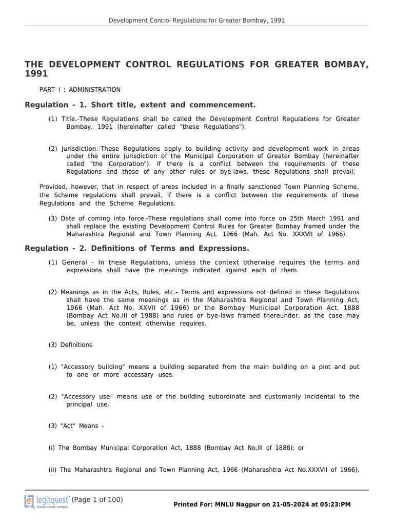 Development Control Regulations for Greater Bombay, 1991 | PDF | Street ...