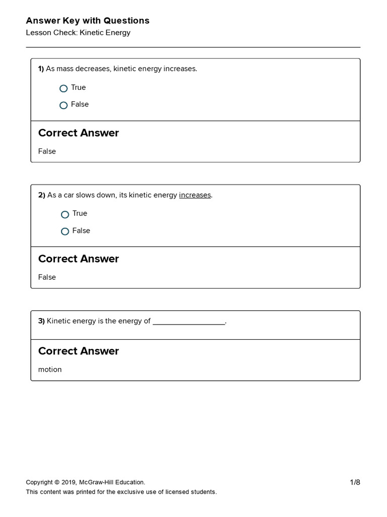 Kinetic Energy Lesson Check Answers | PDF | Potential Energy | Kinetic ...