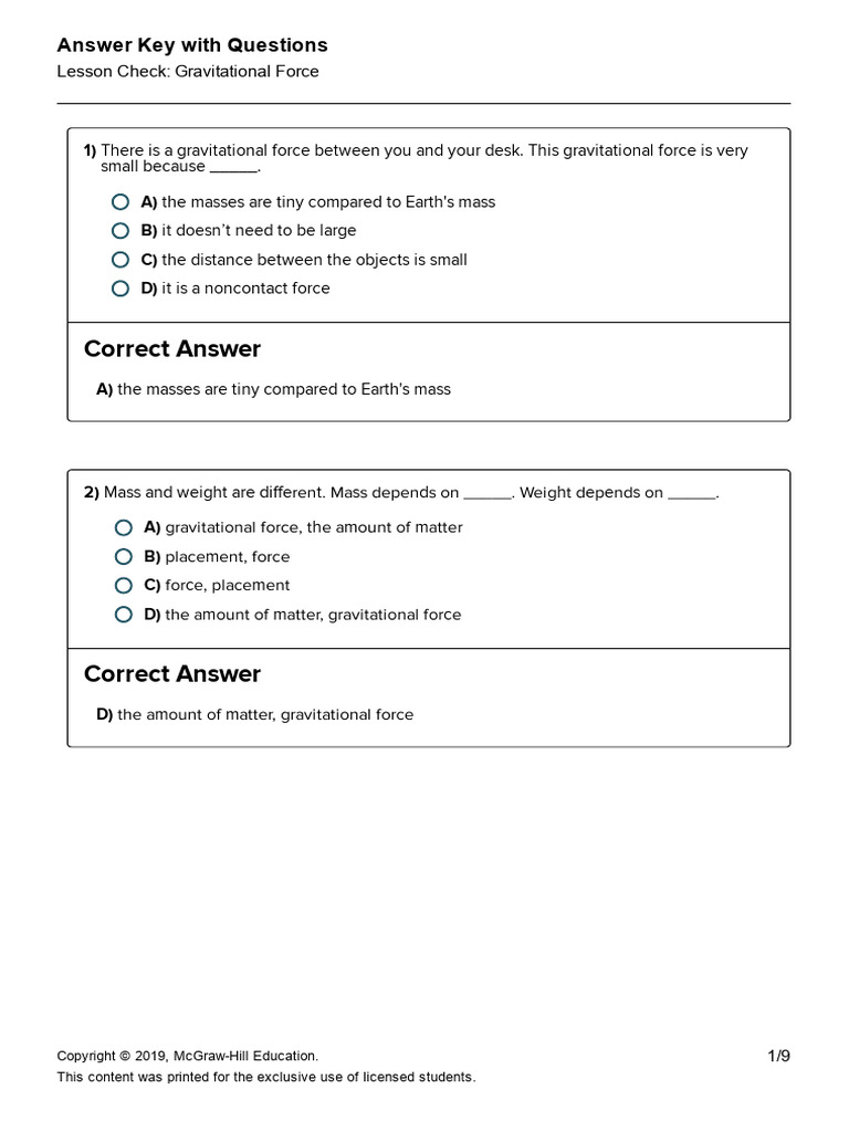 Lesson Check Answer Key - Gravitational Force | PDF | Weight | Force