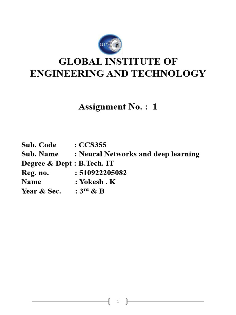 CCS355-Neural Networks and Deep Learning - Assignment 1 | PDF | Deep Learning | Mean Squared Error
