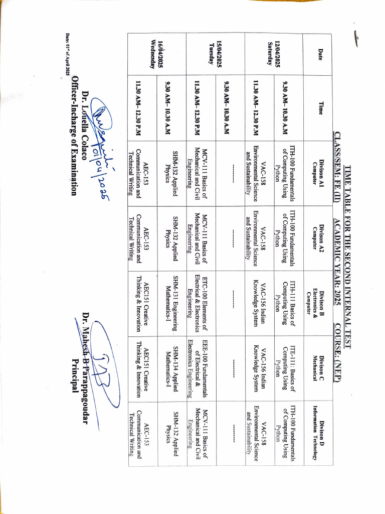 2025 Second Internal Test Timetable | PDF | Engineering | Computer ...