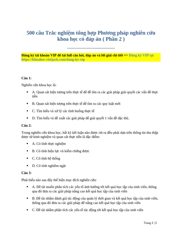 500 Cau Trac Nghiem Tong Hop Phuong Phap Nghien Cuu Khoa Hoc Co Dap An ...