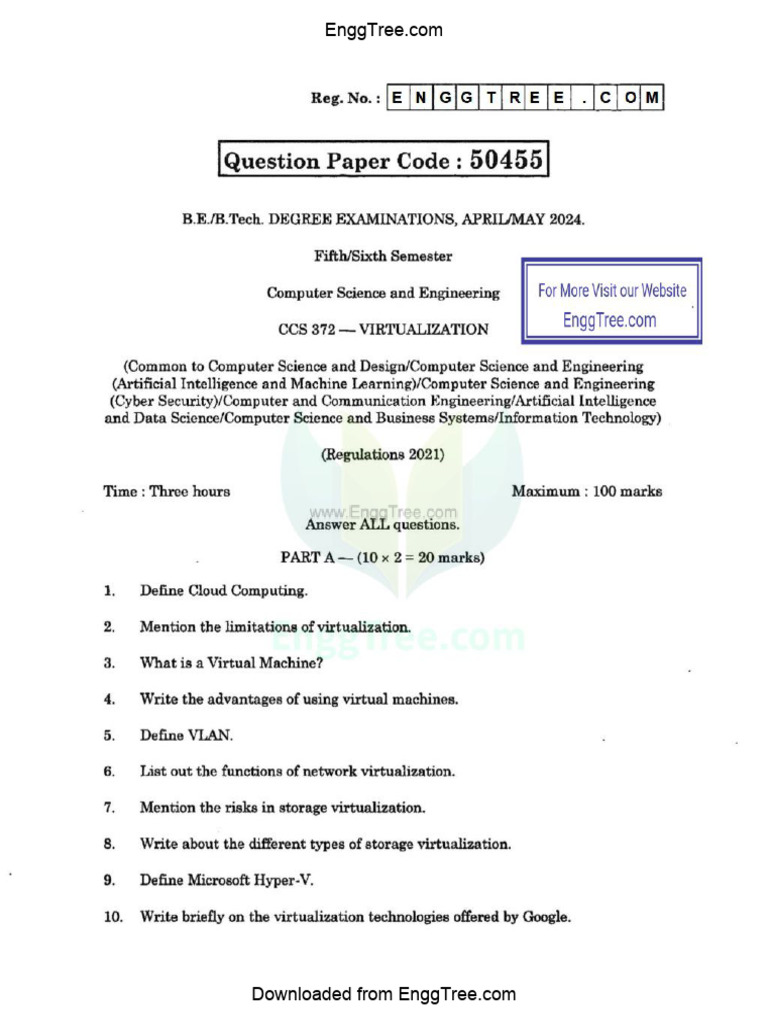 CCS372 Virtualization Apr May 2024 Question Paper Download | PDF