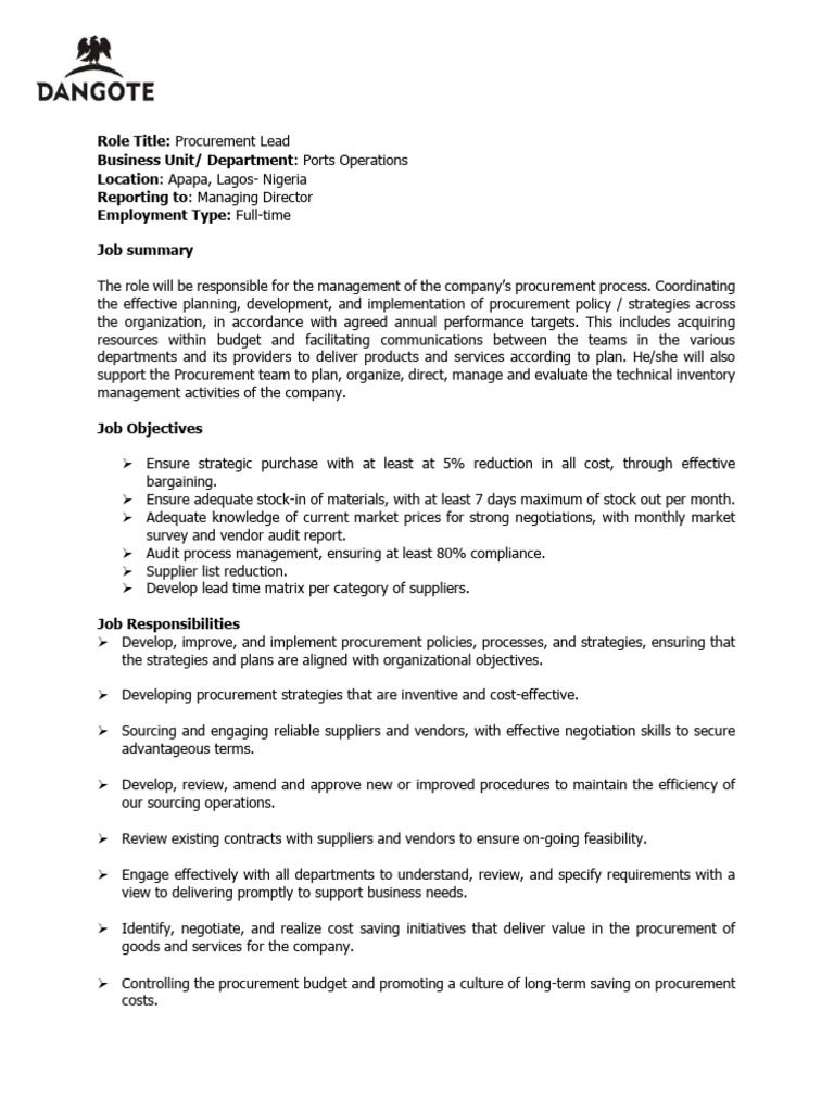 Procurement Lead Job Description | PDF | Procurement | Supply Chain